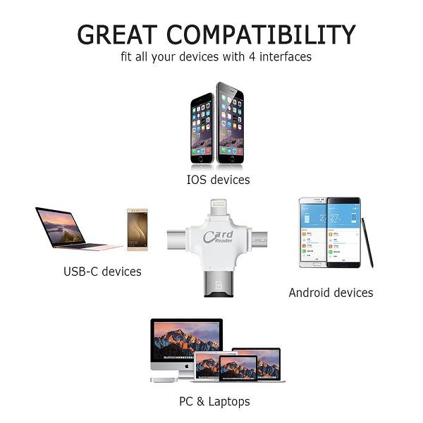 Micro SD Card Reader, USB Adapter With Lightning, Type C, Micro-USB ...